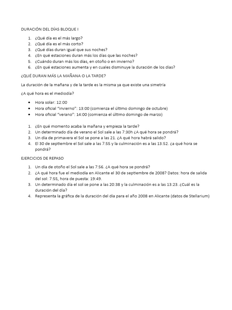 Tema 2 Ej Duracion Del Dia Bloque 1 | PDF | Estudios de idiomas extranjeros