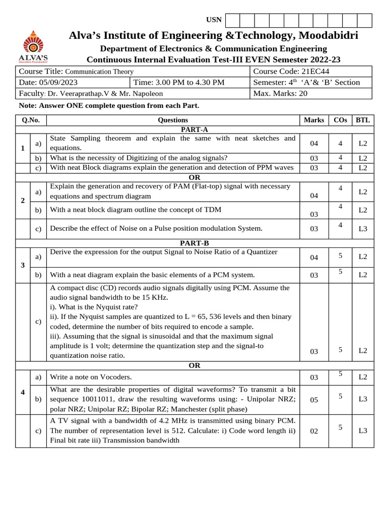 Communication Theory 3rd Internals September 2023-1 | PDF | Modulation | Sampling (Signal ...