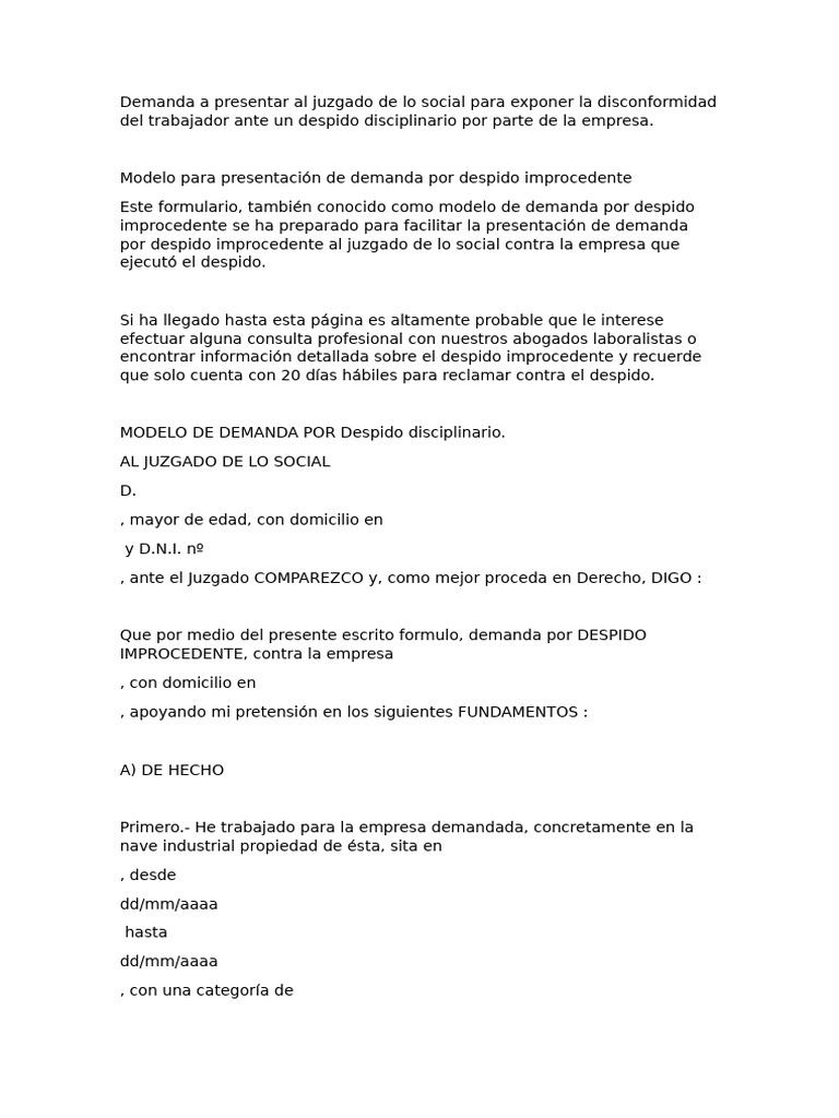 Modelo para Presentación de Demanda Por Despido Improcedente | PDF ...