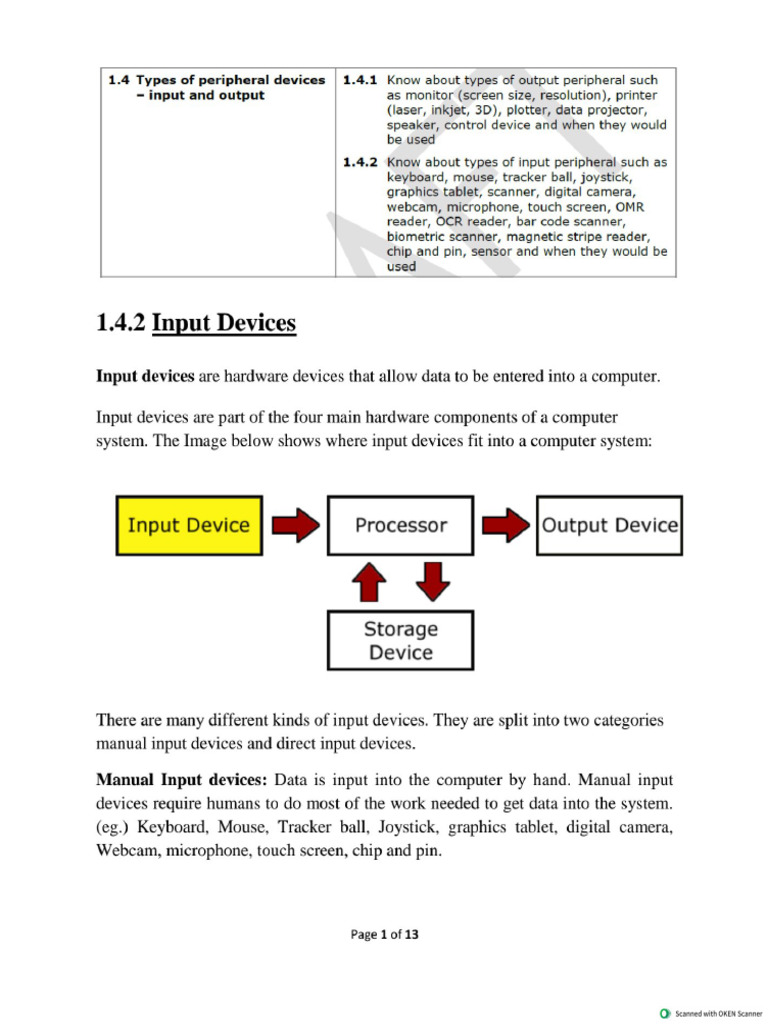 Year9 Notes On Input Devices Part 1 | PDF