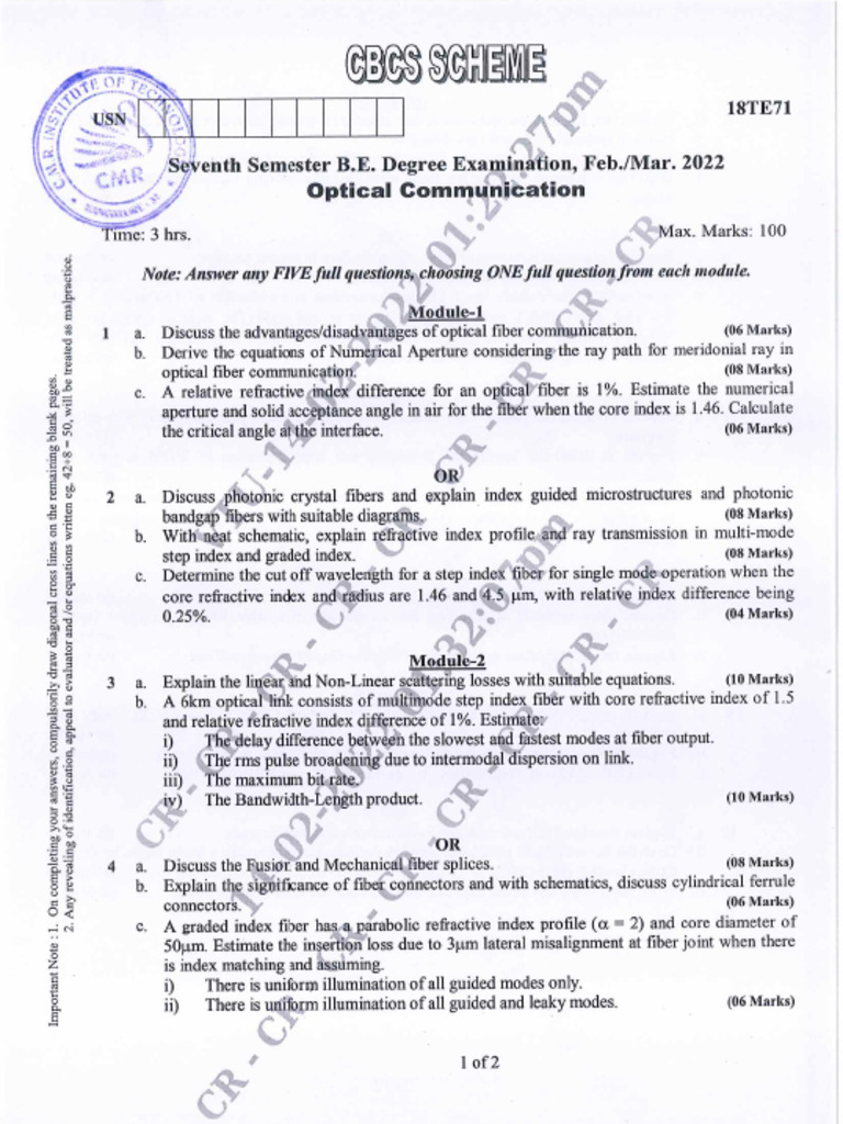 VTU Question Paper of 18TE71 Optical Communication Feb-2022 | PDF