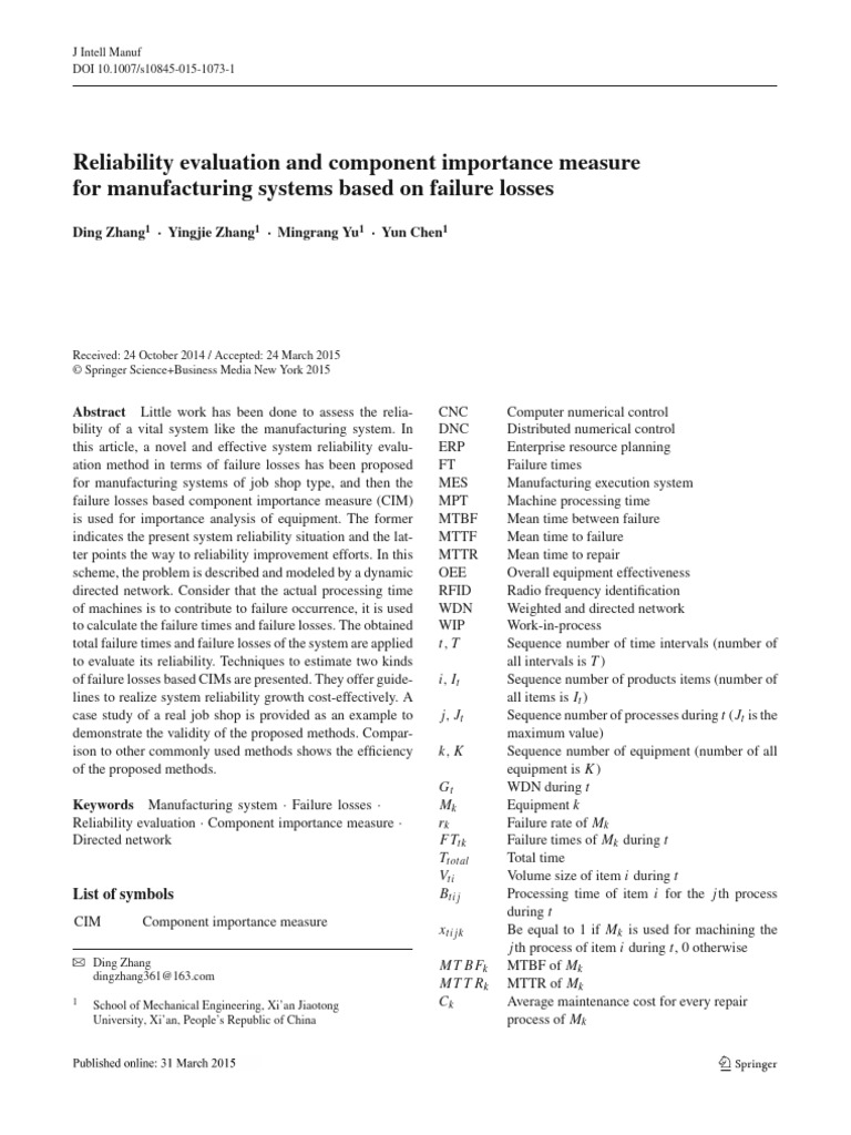 Manufacturing System Reliability Analysis | PDF | Reliability Engineering | Systems Engineering