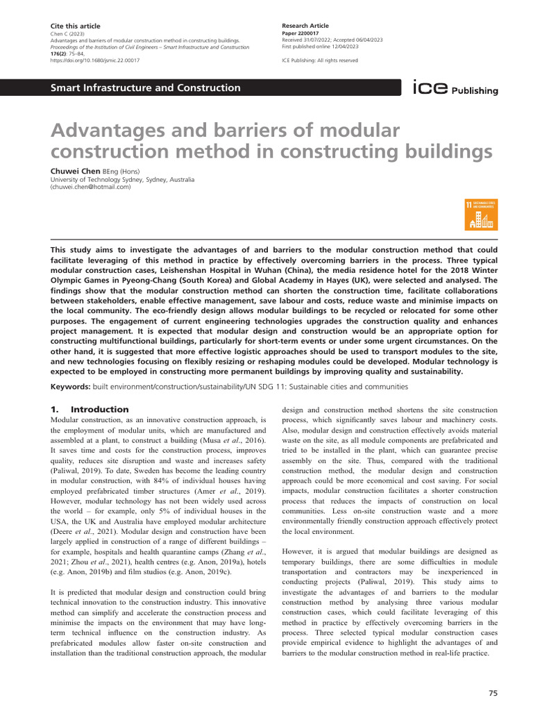Chen 2023 Advantages and Barriers of Modular Construction Method in ... Chen 2023 Advantages and Barriers of Modular Construction Method in ...