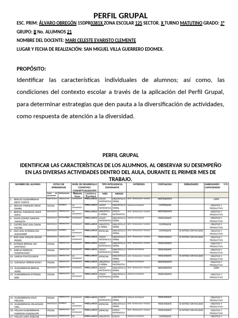 PERFIL GRUPAL 1B Ciclo Escolar 2024-2025 | PDF | Maestros | Salón de clases