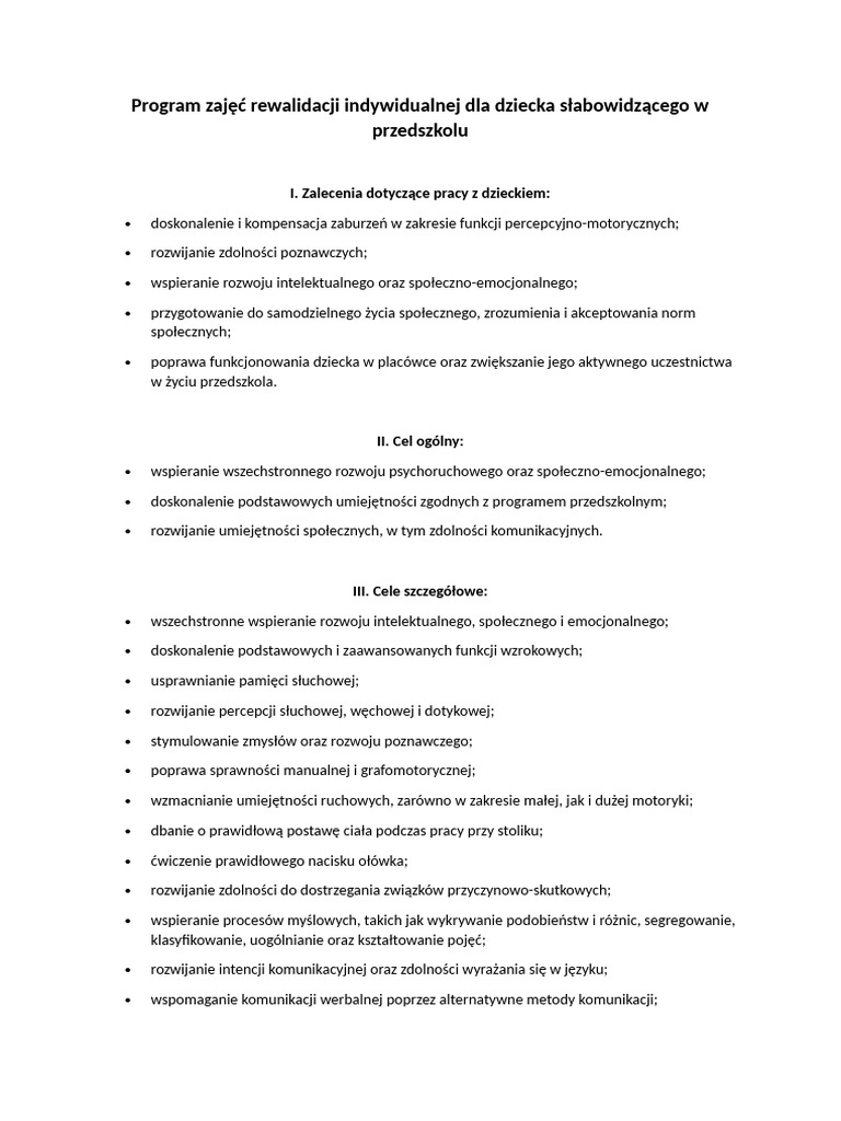 Program Rewalidacji Indywidualnej Przedszkole | PDF