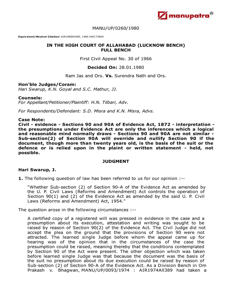 Ram Jas and Ors Vs Surendra Nath and Ors 28011980 u800260COM886553 | PDF | Evidence (Law) | Lawsuit
