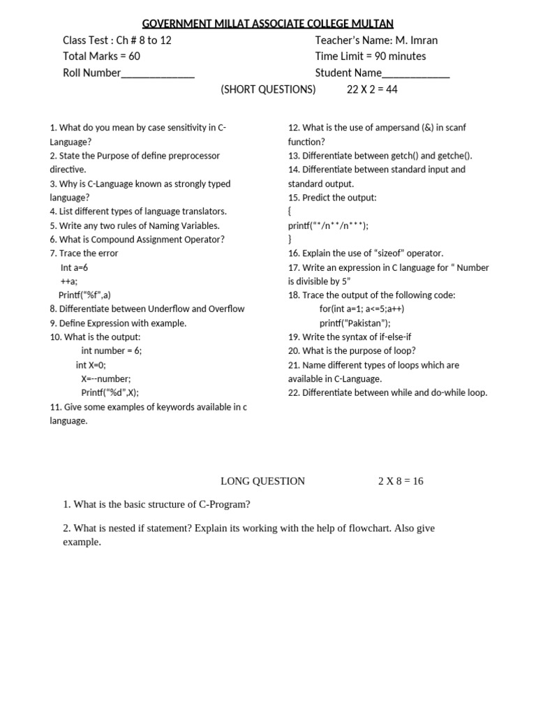 C Programming Class Test Overview | PDF