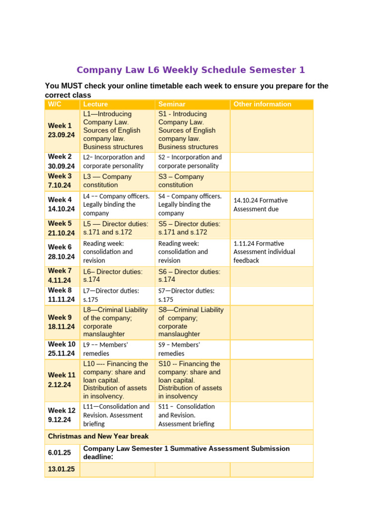 Company Law L6 Weekly Schedule Semester 1 | PDF