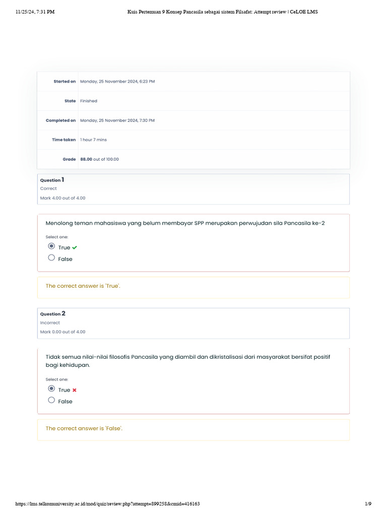 Kuis Pertemuan 9 Konsep Pancasila Sebagai Sistem Filsafat - Attempt Review - CeLOE LMS | PDF ...
