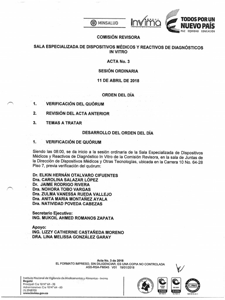 Acta 3, Sala Especializada Del Invima | PDF