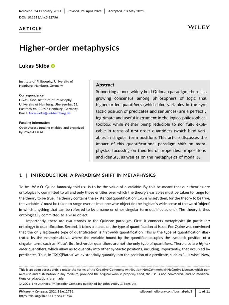 Philosophy Compass - Higher Order Metaphysics | PDF | Proposition ...