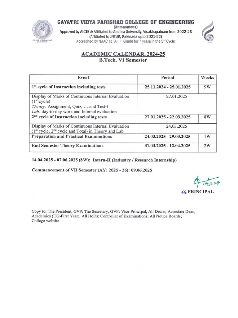 B.tech. VI Semester - Academic Calendar 2024-25 | PDF