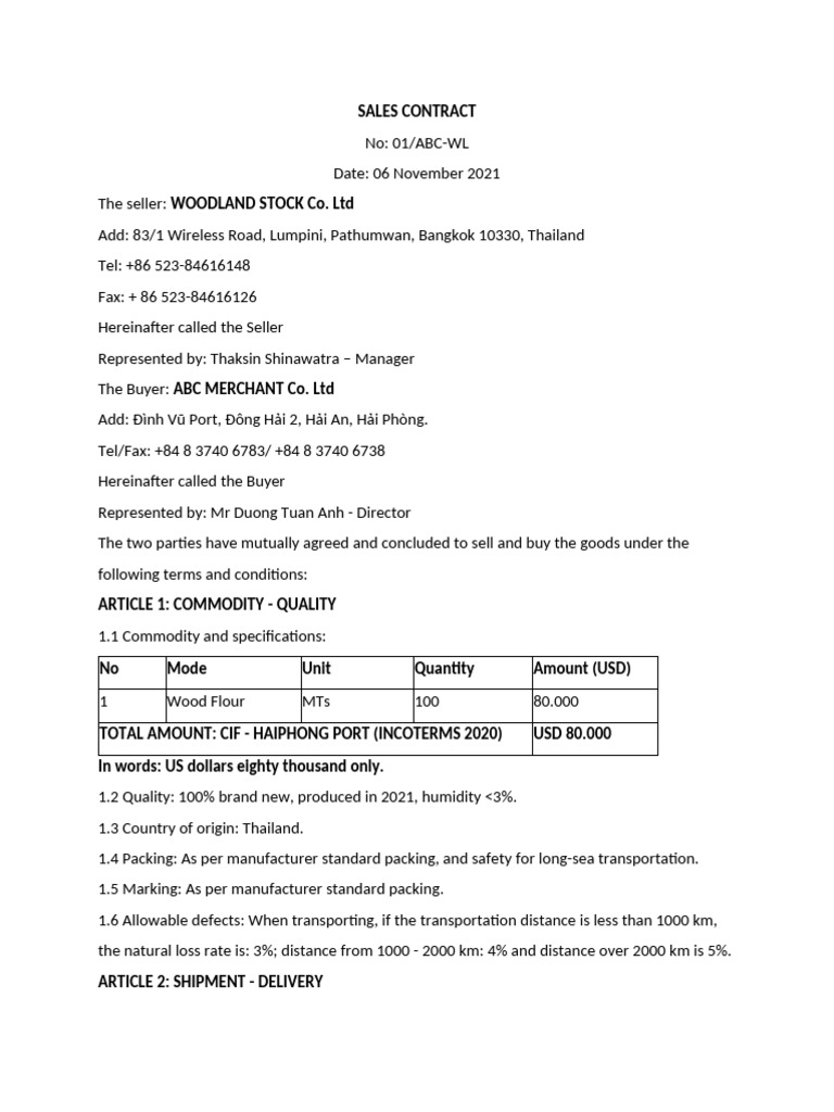 Sales Contract for Wood Flour Purchase | PDF | Financial Markets ...