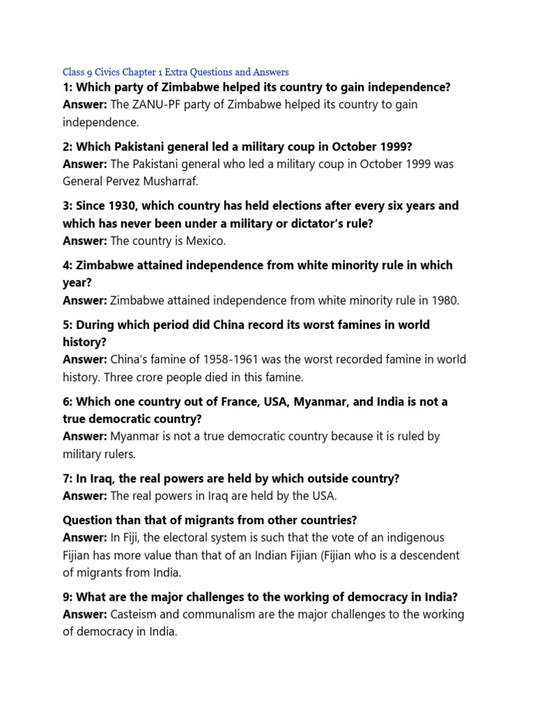 Class 9 Civics Chapter 1 Extra Questions and Answers | PDF | Democracy ...