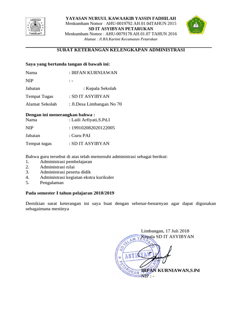 SURAT KETERANGAN KELENGKAPAN ADMINISTRASI - Laili Arfiyati | PDF