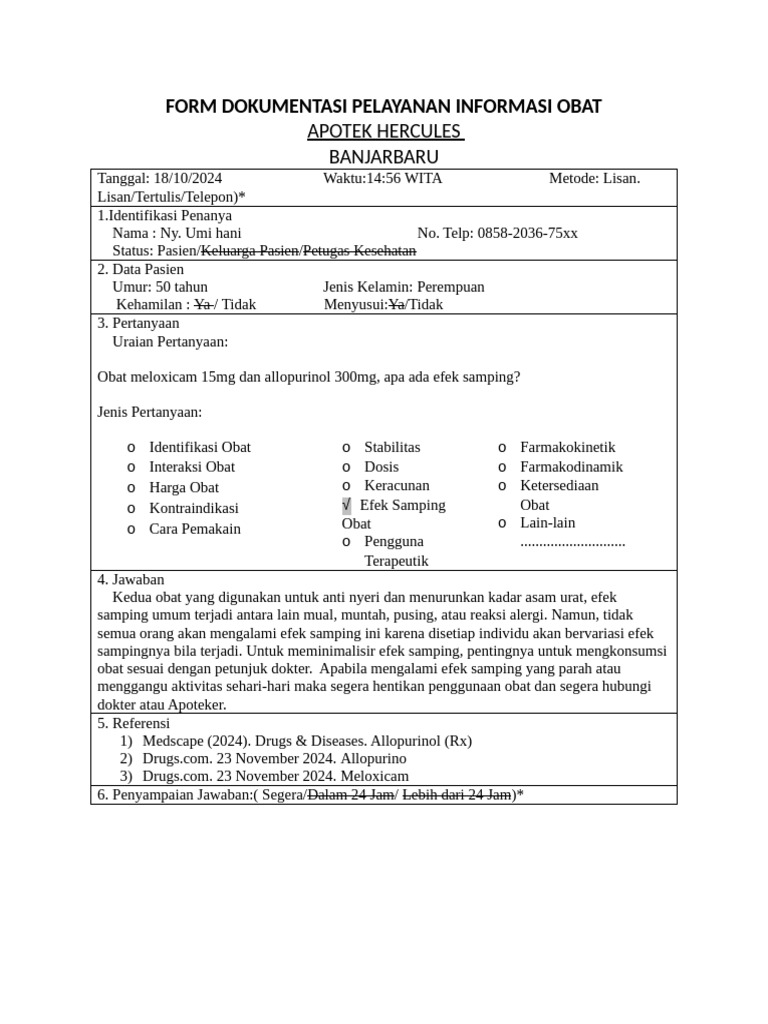 Form Dokumentasi Pelayanan Informasi Obat | PDF