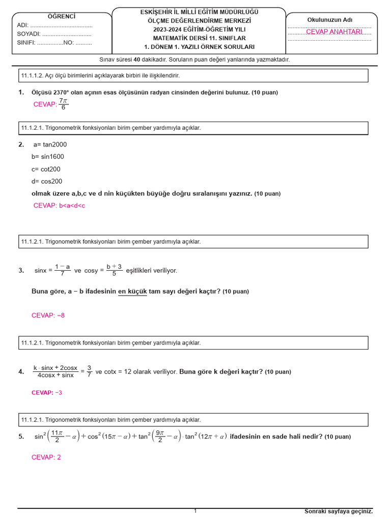2023-2024 11. SINIF 1. DoYNEM 1. SINAV MATEMAToYK oYRNEK YAZILI CA | PDF