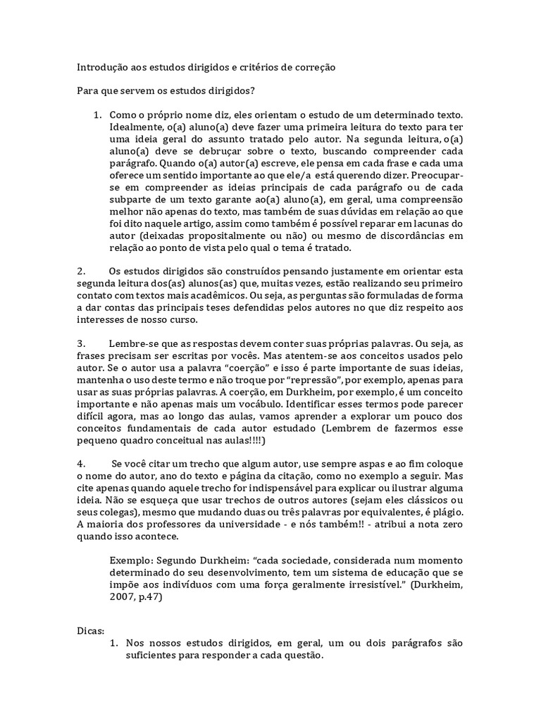 Guia de Estudos Dirigidos e Correção | PDF | Émile Durkheim | Aprendizado