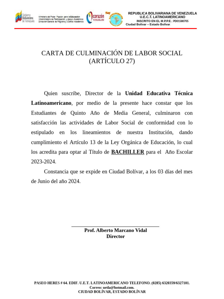 Carta de Culminacion de Labor Social | PDF | Ciencias sociales
