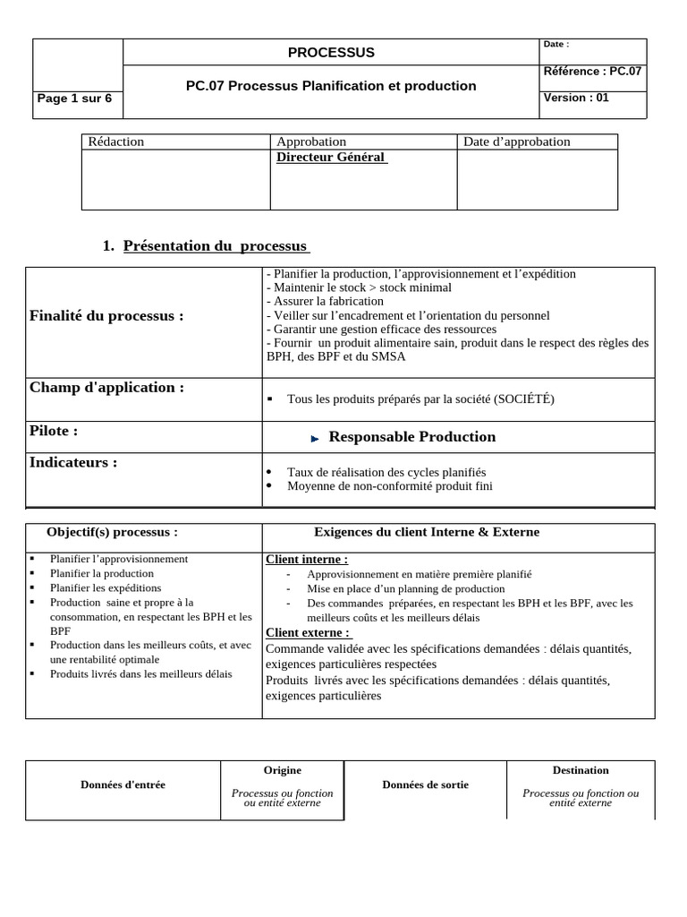Fiche Processus Planification Et Production | PDF | Planification ...