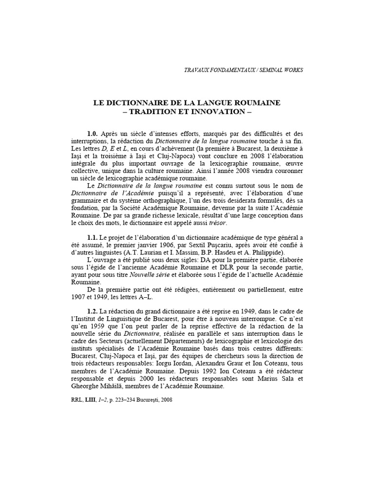 Dictionnaire de la langue roumaine : Histoire et élaboration | PDF ...