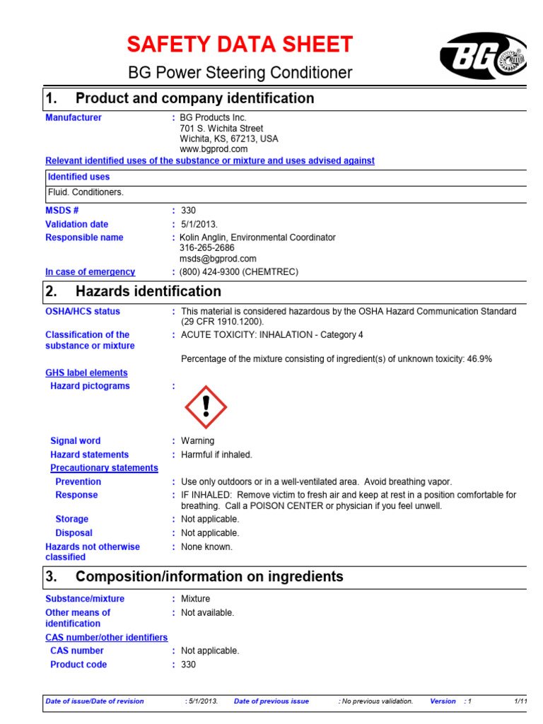 BG Power Steering Conditioner MSDS | PDF | Toxicity | Waste