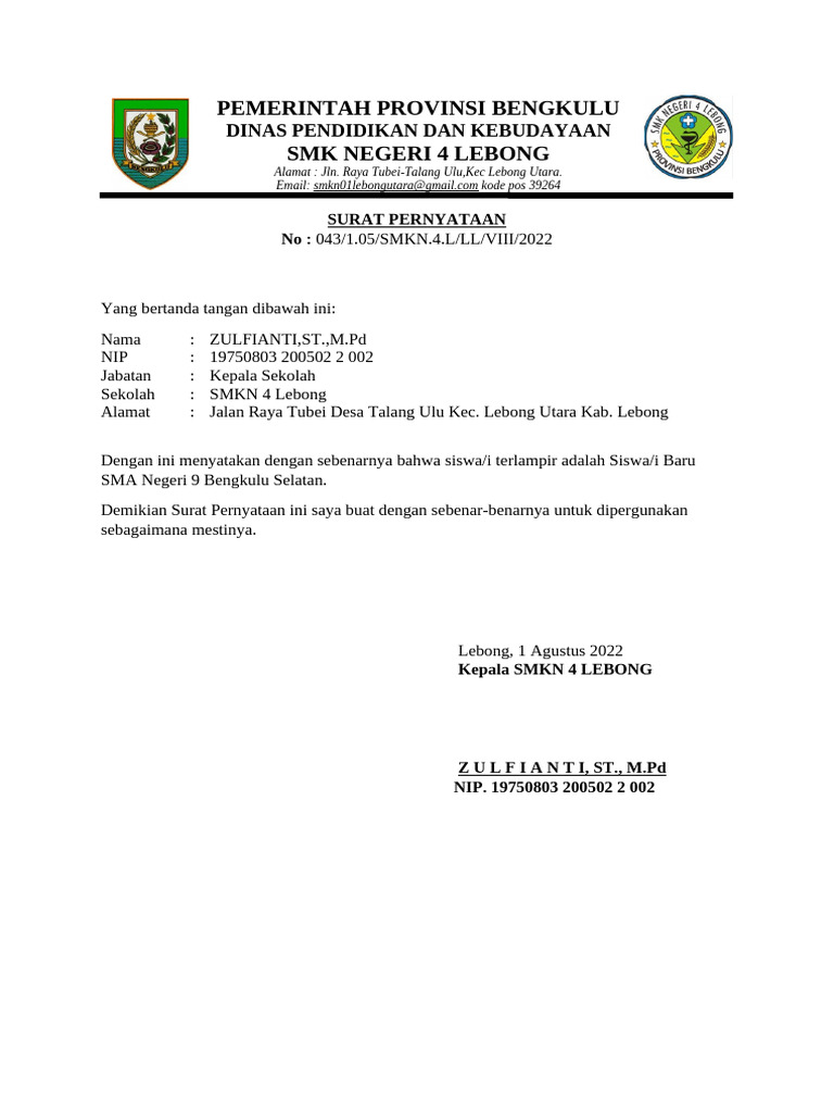 Contoh Surat Pernyataan Peserta Didik Baru Mts | PDF