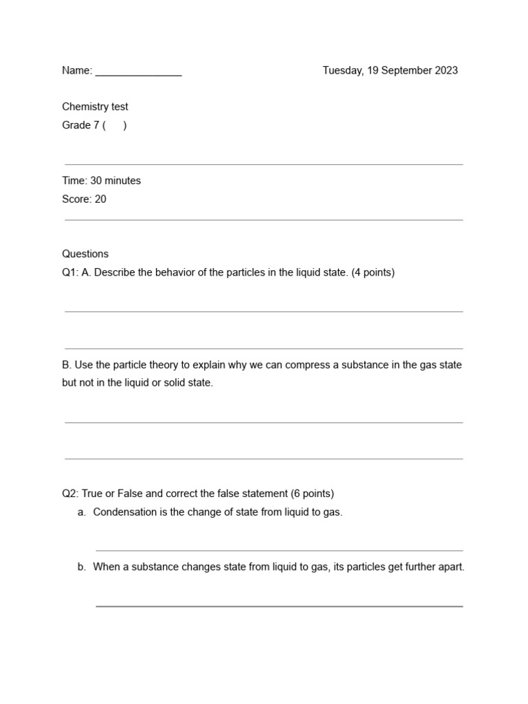 7th Chemistry Test | PDF