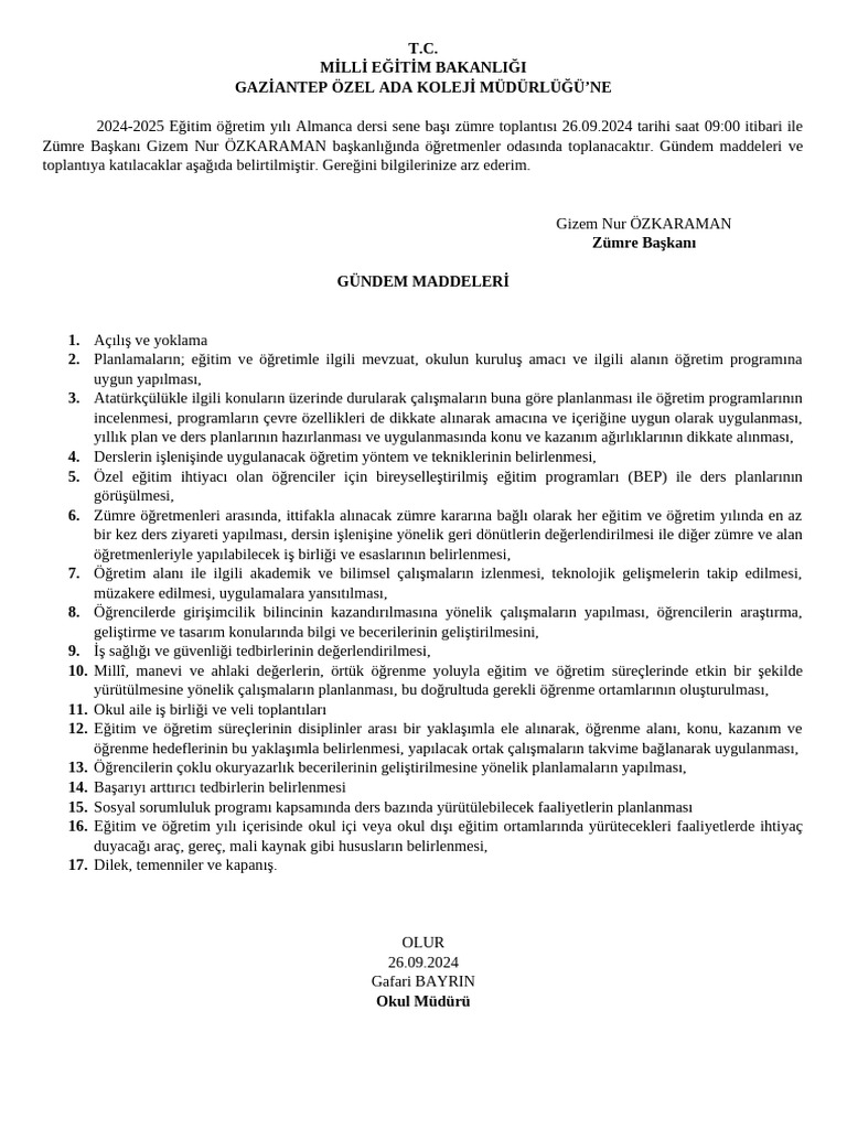 Lise Almanca Sene Basi Zumre Gizem Nur Ozkaraman 1727341563 | PDF