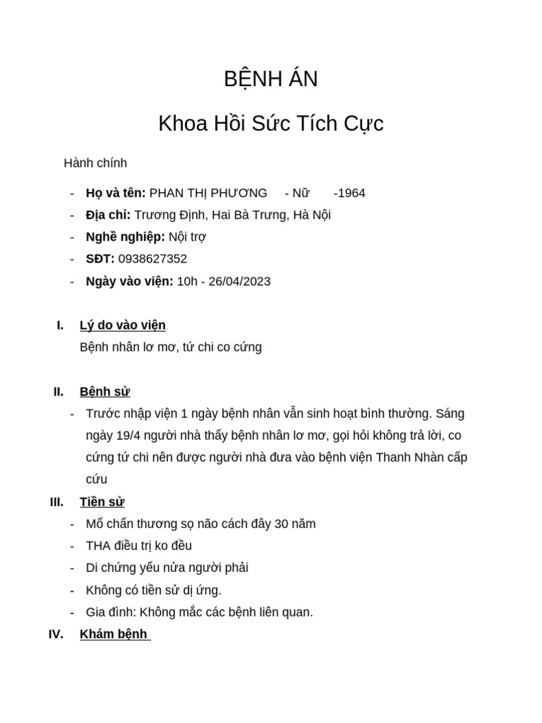 Bệnh Án Khoa HSTC | PDF