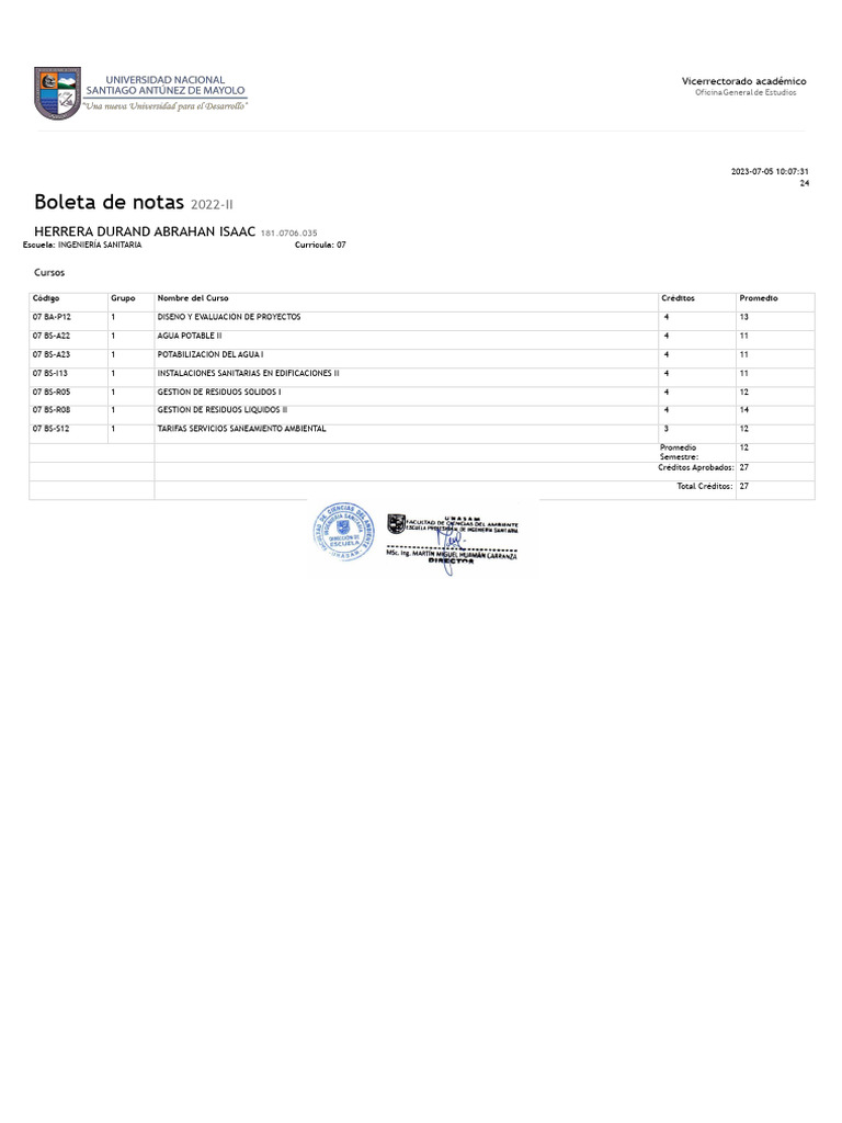 Boleta de Notas - 181.0706.035 - 2022-II | PDF