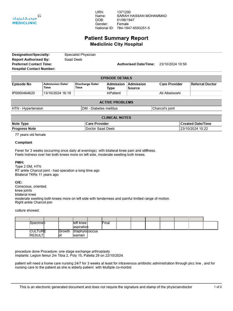 Sarah Medical Report | PDF | Knee | Patient
