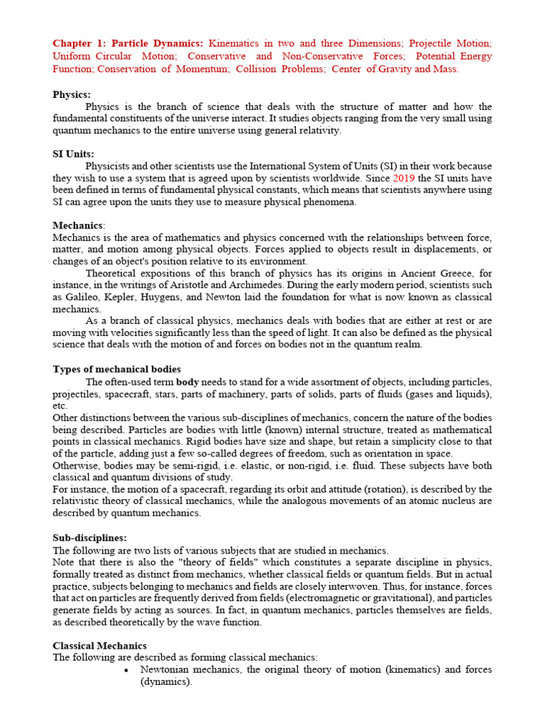 Chapter 1 - Particle Dynamics | PDF | Mechanics | Force