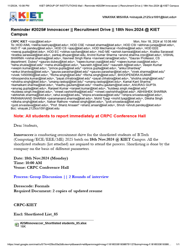 KIET GROUP OF INSTITUTIONS Mail - Reminder #2025# Innovaccer - Recruitment Drive - 19th Nov.2024 ...
