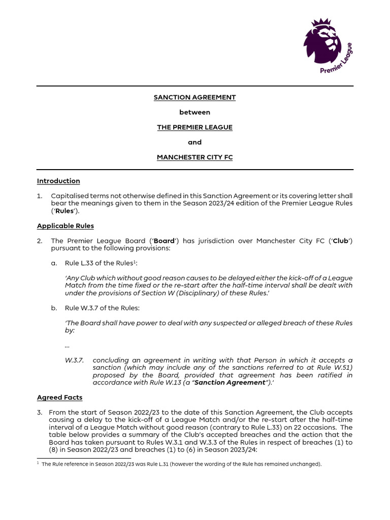 Sanction Agreement Between The Premier League and Manchester City FC ...