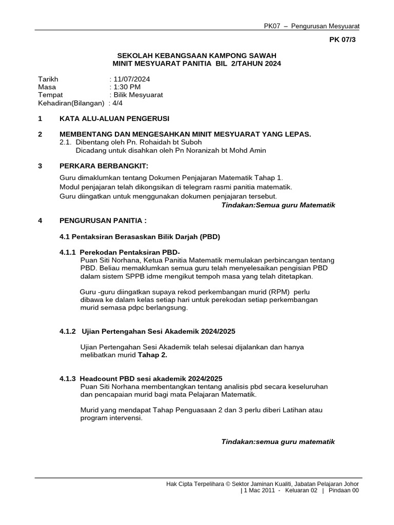 Borang PK 07 3 Format Minit Mesyuarat 2 2024 | PDF