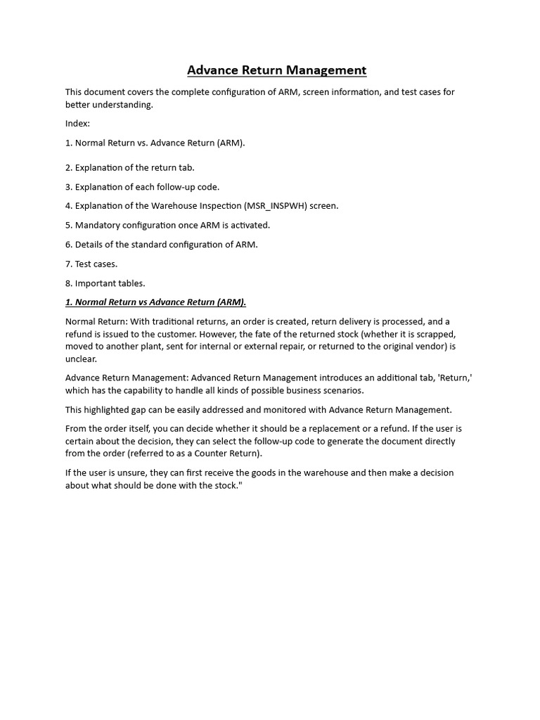 Configuration of Advance Return Management | PDF | Logistics | Warehouse