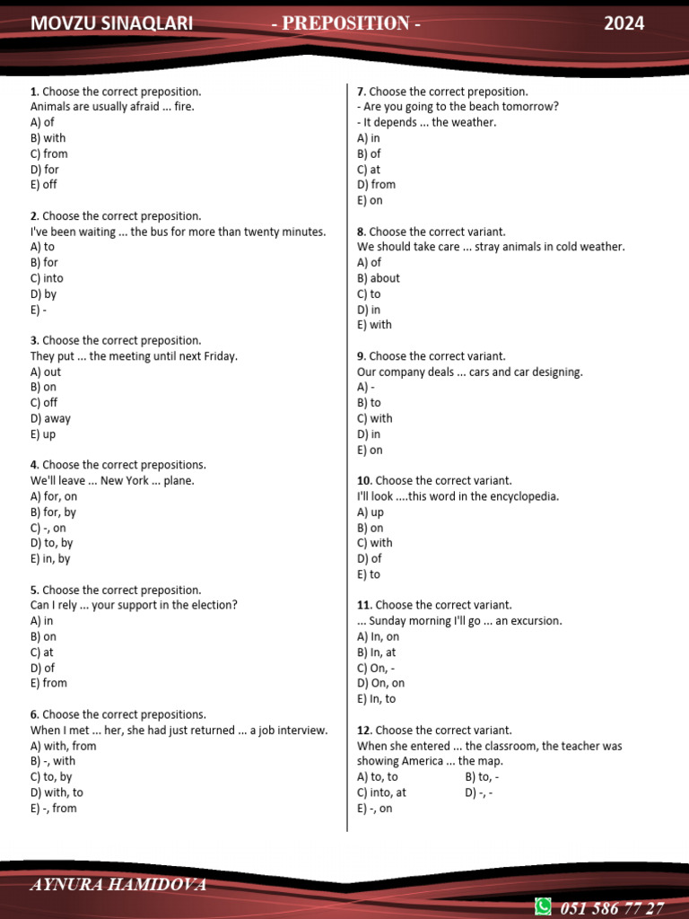 Movzu Sinaqlari 2024 - Preposition | PDF | Teaching Methods & Materials
