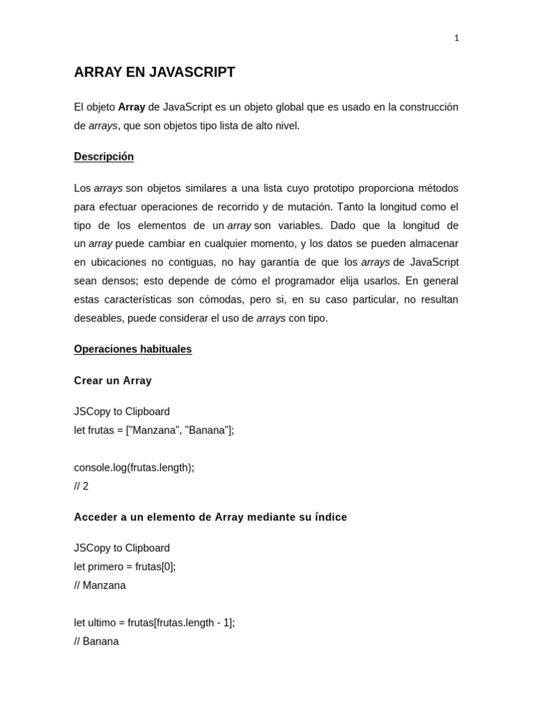 Array en Javascript | PDF | Puntero (Programación de computadora) | Ingeniería de software