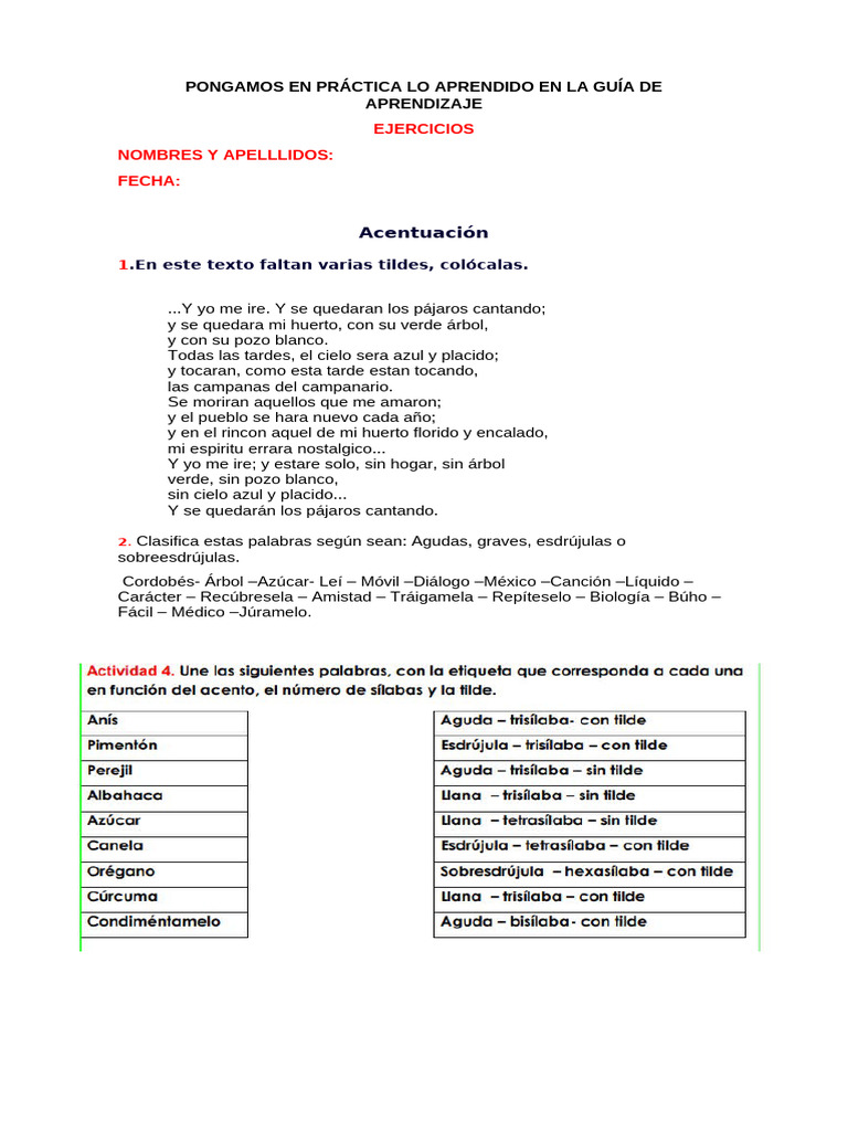 Ejercicios de Acentuación de Palabras | PDF
