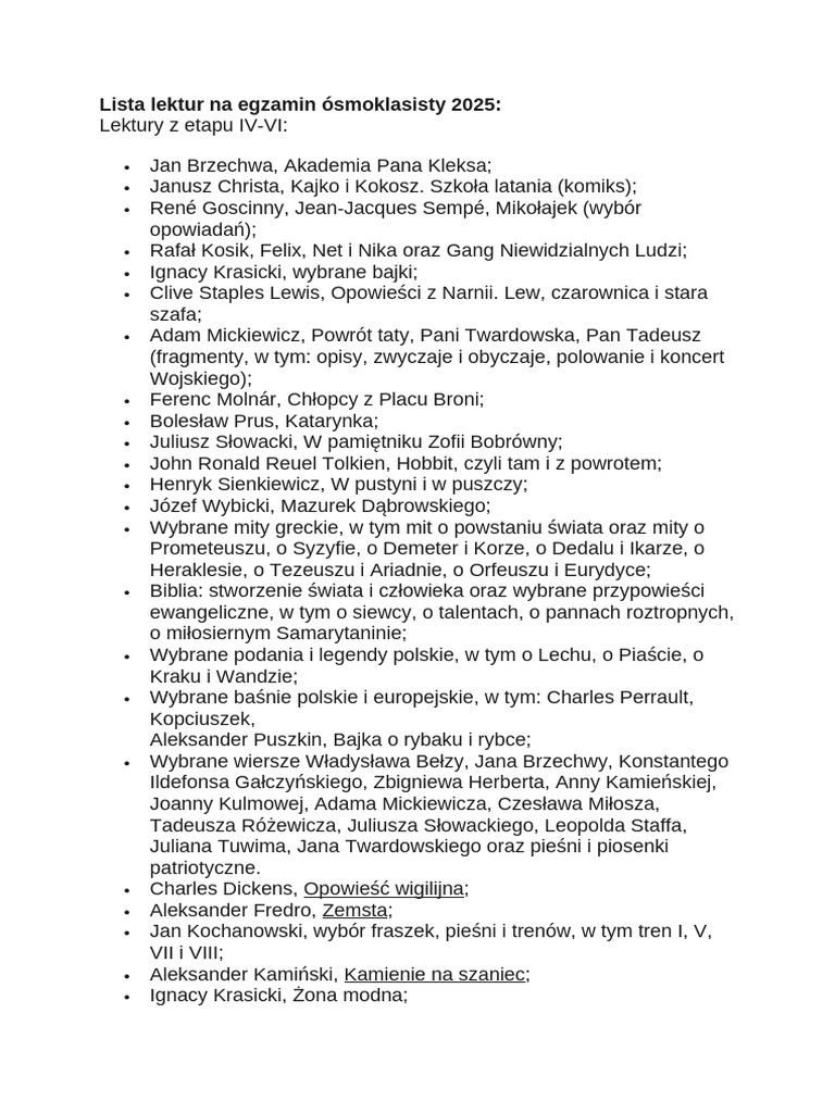 Lista Lektur Na Egzamin Ósmoklasisty 2025 | PDF