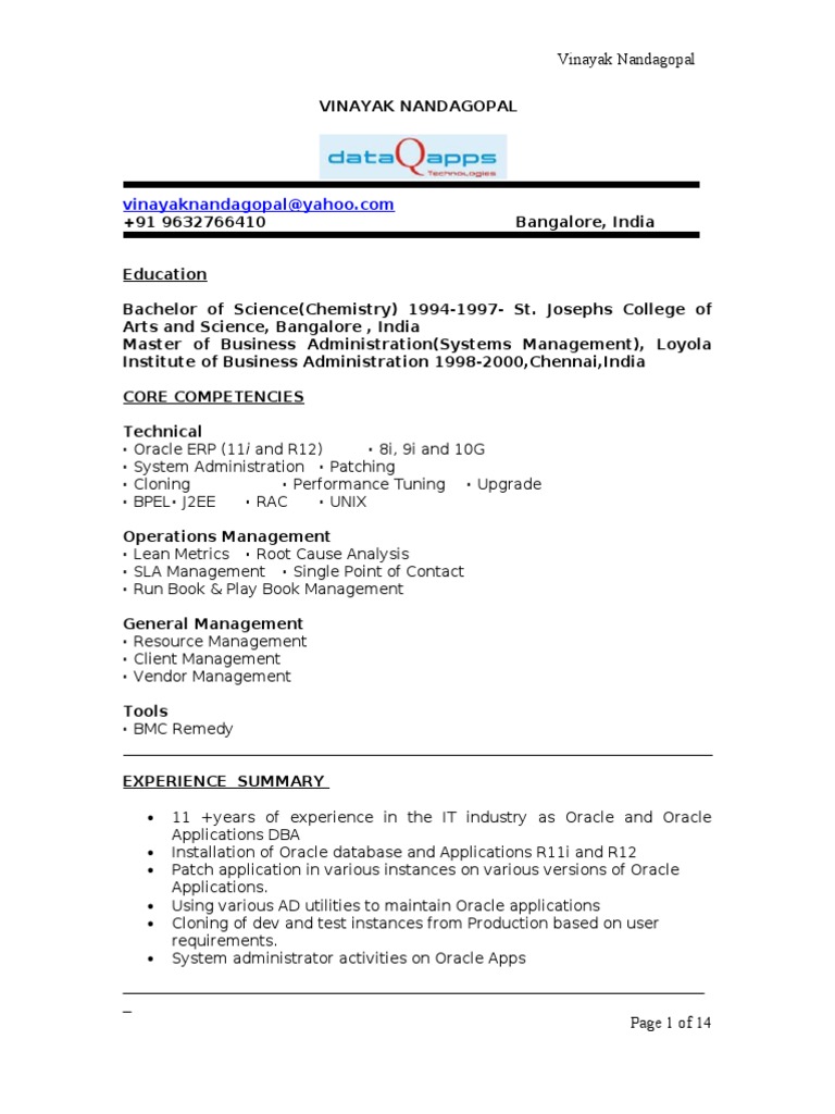 Vinayak Nandagopal Resume | PDF | Oracle Database | Oracle Corporation