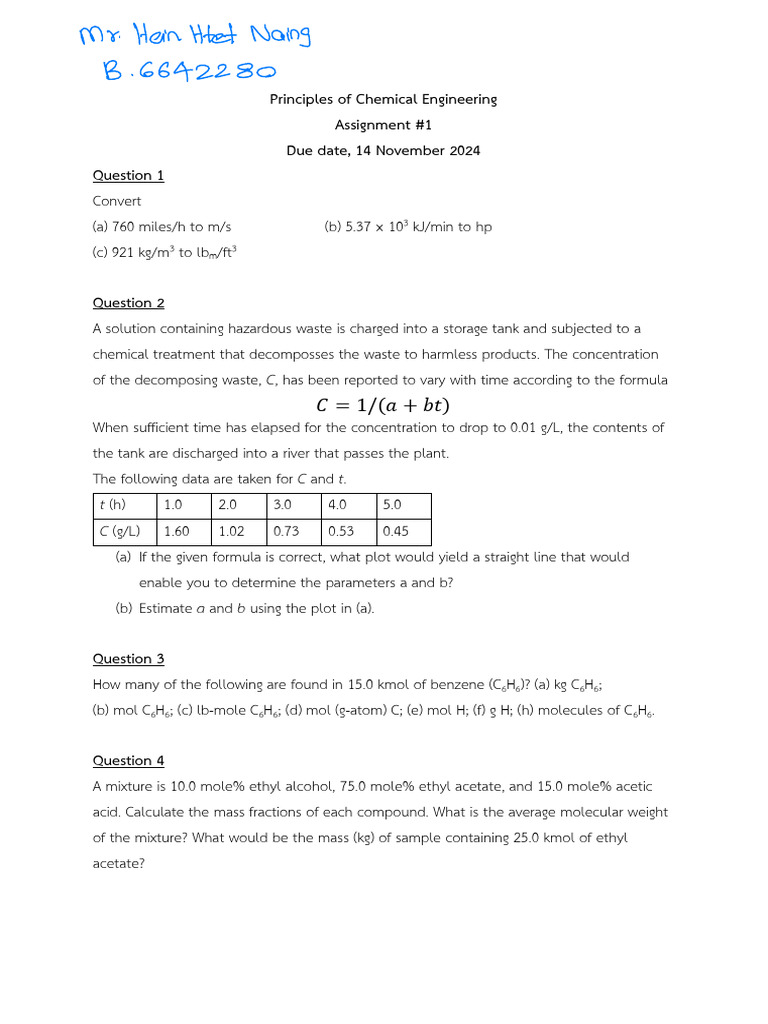 Chemical Engineering Assignment Solutions | PDF | Benzene | Mole (Unit)