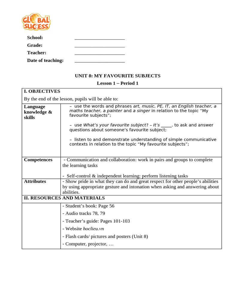 KHBD TIẾNG ANH 4 GLOBAL SUCCESS THEO CV 2345 WORD Unit 8 | PDF | Teachers | English Language