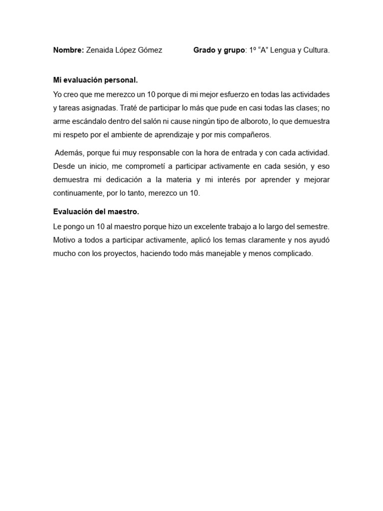 Evaluación Personal y del Maestro en Clase | PDF