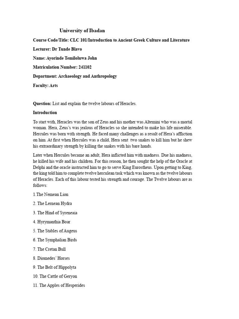 Twelve Labours of Heracles Explained | PDF | Argonauts