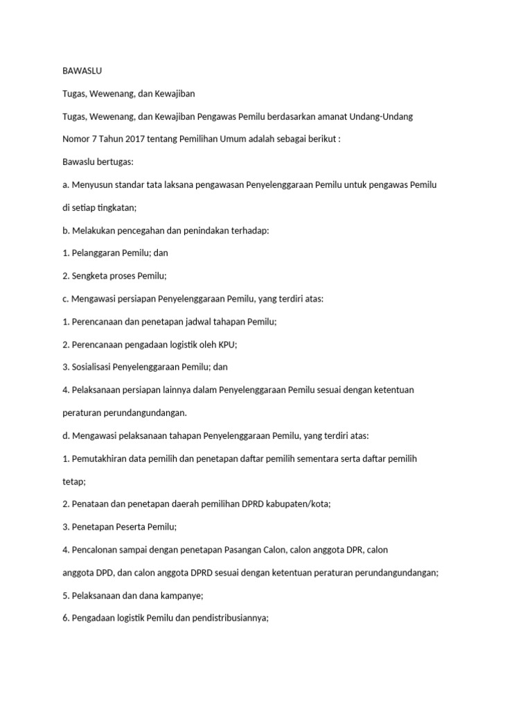 Tugas Pokok BAWASLU | PDF