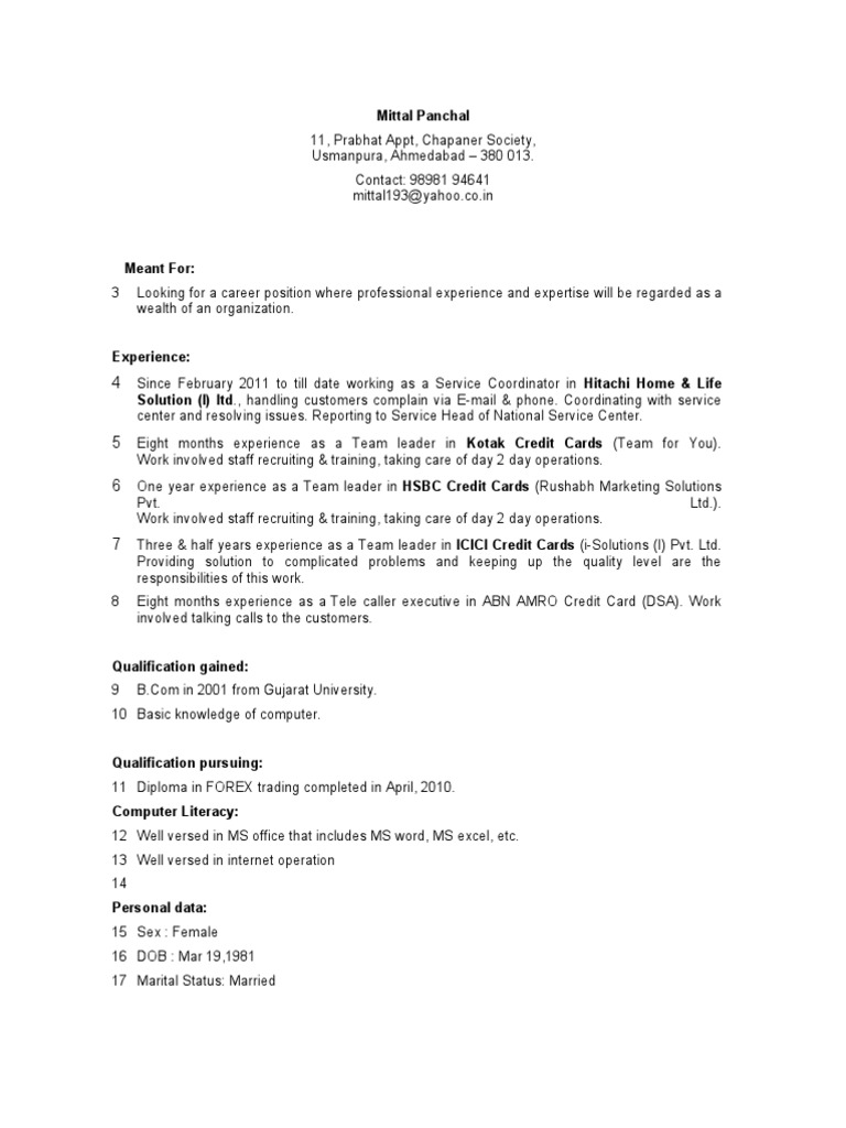 Mittal Panchal: Service Coordinator Resume | PDF | Career & Growth ...