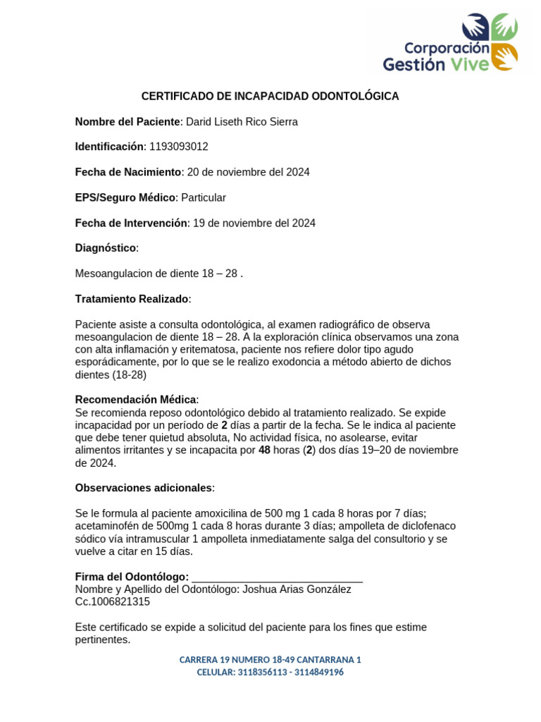 Incapacidad Odontológica Darid Lizeth | PDF