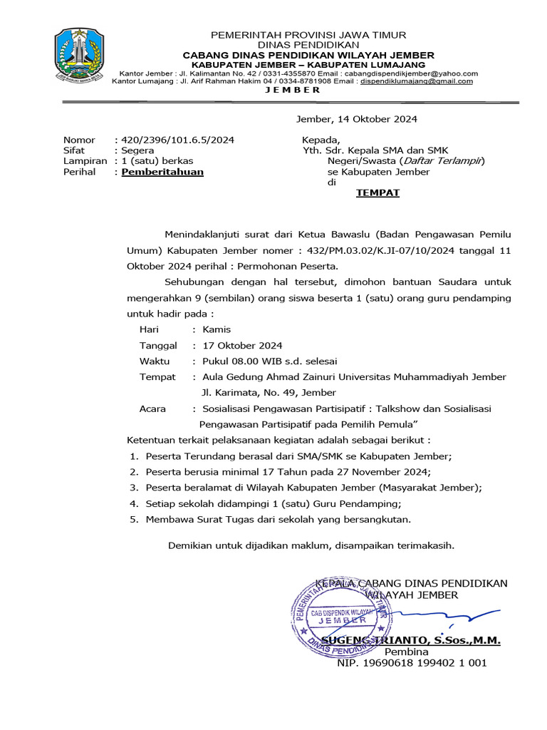 2396 Surat Undangan Kegiatan Talkshow Dan Sosialisai Pengawasan ...